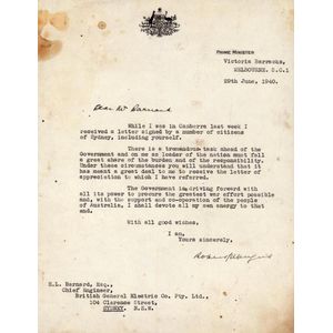 Menzies' 1940 Letter with Prime Minister Signature - Autographs ...