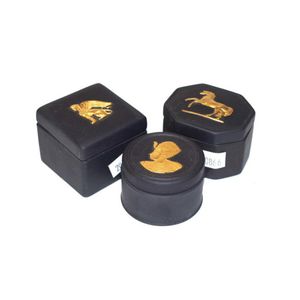 Gilt Figure Black Basalt Trinket Boxes Set - Wedgwood - Ceramics