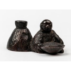 Japanese Bronze Seated Farmer with Rice Bushel - Bronze - Oriental