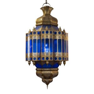 Royal Blue Moroccan Pendant Lantern with Brass Mounts - Ceiling and ...