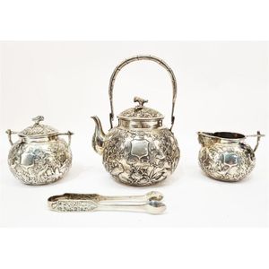 Chinese Silver Tea Set with Bamboo Handles and Exotic Birds - Zother ...