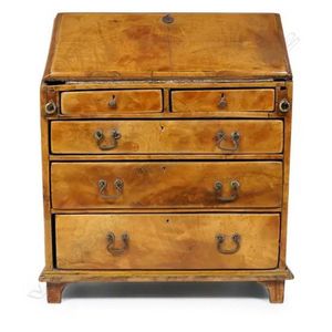 George III figured walnut miniature fall front bureau, apprentice made ...