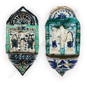 19th Century Majolica Holy Water Stoups with Glaze Chips - Religious ...