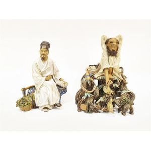 Chinese Shiwan Polychrome Pottery Figures: Living Buddha and Scholar ...