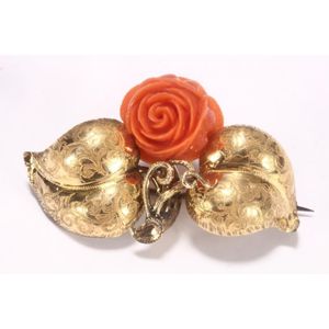 10k Gold Coral Brooch with Carved Rose Flower Design - Brooches - Jewellery
