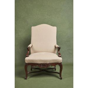 French Provincial Walnut High Back Armchair with Beige Upholstery ...