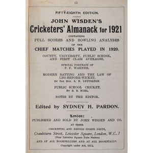 1921 Wisden Cricketers' Almanack with Warner Photographic Plate ...