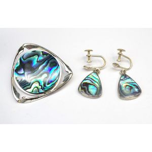 Vintage Paua Shell Brooch and Ear Clips Set - Brooches - Jewellery
