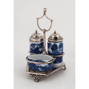 Silver Plated Cruet Set with Willow Pattern Porcelain Condiments ...