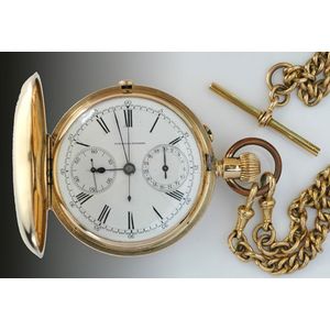 Gold lever chronograph pocket watch with chain, Swiss hallmarked 18ct ...