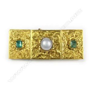 15ct Gold Emerald and Pearl Fern Brooch with Emerald Accents - Brooches ...