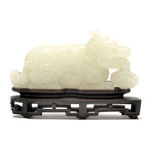 18th Century White Jade Bixie Holding Double Ruyi Statue - Jade - Oriental