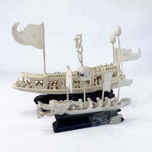 Chinese Carved Ivory River Boats: Royal Vessel and Dragon Paddle ...