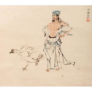 Man and Goose: Chinese Hanging Scroll - Art - Oriental