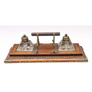 Antique Timber and Metal Ink Stand, 38 cm Length - Writing - Inkwells ...