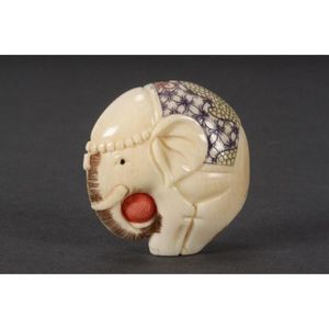 Japanese Ivory Elephant Netsuke with Saddle Pad - Netsuke - Oriental