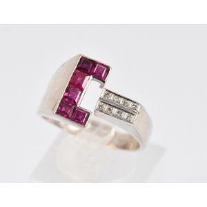 Square Ruby and Diamond Ring, Low Carat Gold - Rings - Jewellery