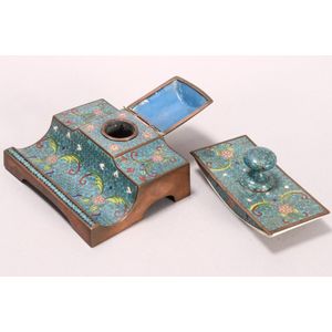 Chinese cloisonne desk set with floral decoration in green and pink ...