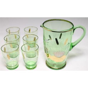 Green Glass Lemonade Set with 6 Tumblers - British - 20th Century - Glass
