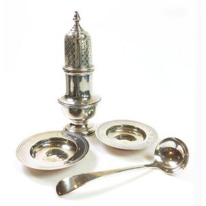 Silver Caster, Dishes, and Ladle Set by London Silversmiths - Flatware ...