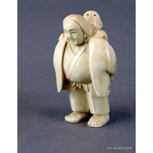Japanese Ivory Okimono with Man and Child - Ivory - Oriental