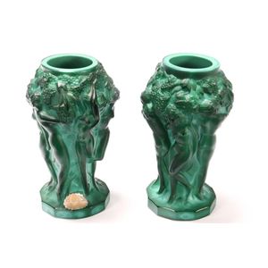 Malachite glass vases with figure and grapevine decoration, 20th ...