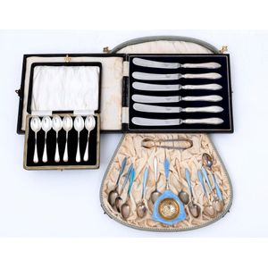 Norwegian Enamelled Silver Tea Set and Sheffield Butter Spreader Sets ...