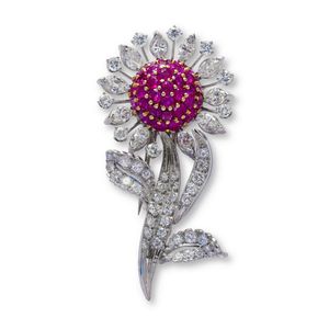 Ruby and Diamond Floral Brooch - Brooches - Jewellery