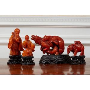 Qing Dynasty Red Amber Carvings with Carved Stands - Zother - Oriental