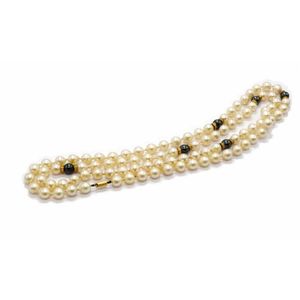 Opera Length Pearl, Diamond & Yellow Gold Necklace with Hematite ...