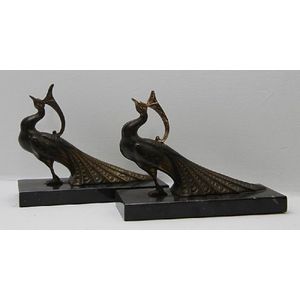 Art Deco Peacock Bookends on Marble Bases - Bookends - Sundries