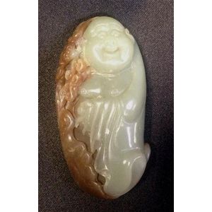 Happy Buddha Jade Pebble with Bat and Lotus Leaf - Jade - Oriental