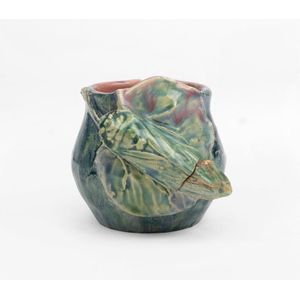 Blue and green glazed pottery jug with cicada decoration, signed ...