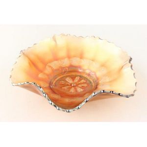 Orange Carnival Glass Frilled Bowl with Flower Motif - Carnival - Glass