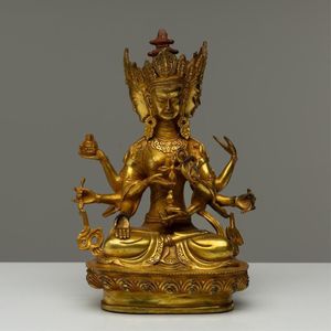 Tibetan Gilded Bronze Buddha with Three Heads and Eight Arms - Bronze ...