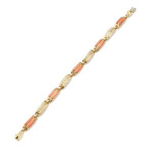 18ct Gold Diamond and Coral Bracelet with Fancy Links - Bracelets ...