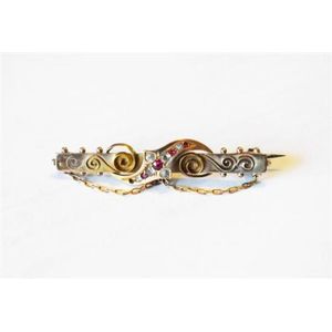 9ct Gold Ruby & Pearl Bar Brooch with Safety Chain - Brooches - Jewellery