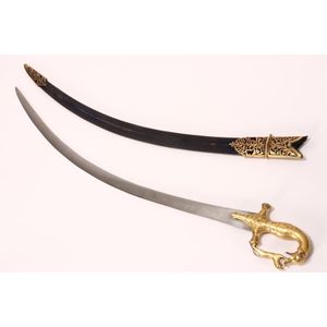 Indian Talwar Sword with Gilt Handle and Mythical Engravings - Edged ...
