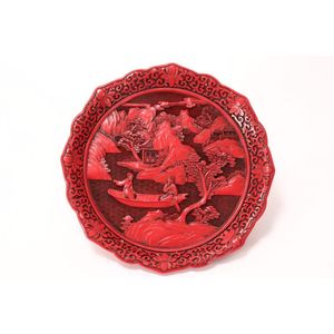 Chinese Red Lacquer Dish with Scalloped Rim and Village Scene ...