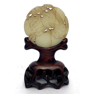 Jade Disc with Bird and Leaf Motifs on Timber Stand - Jade - Oriental