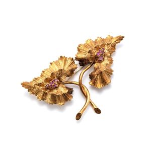 18ct Gold Ruby Leaf Brooch with 11 Stones - Brooches - Jewellery