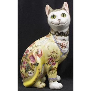 Emile Galle Faience Cat Figurine with Floral Decoration - French - Glass