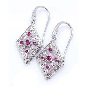 Art Deco Ruby & Diamond Earrings in White Gold - Earrings - Jewellery