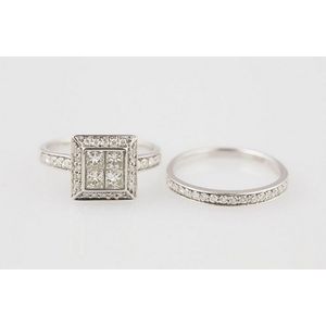 18ct Diamond Cluster Ring and Wedding Band Set - Rings - Jewellery