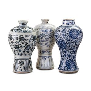 Blue and white Meiping trio with floral and phoenix designs - Ceramics ...