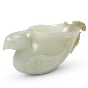 Chinese White Jade Phoenix Rhyton Cup with Zitan Stand - Jade - Oriental
