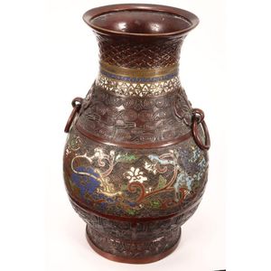Champleve bronze vase with mythical creatures and floral decoration ...