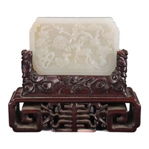 Chinese White Jade Panel with Deer, Cranes, and Pine Tree - Jade - Oriental
