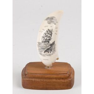 Scrimshaw Whale Tooth on Wooden Base - Scrimshaw - Precious Objects
