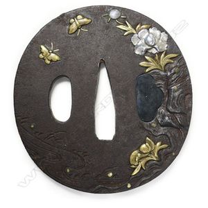 Edo Period Iron Tsuba with Butterfly and Flower Decoration - Zother ...